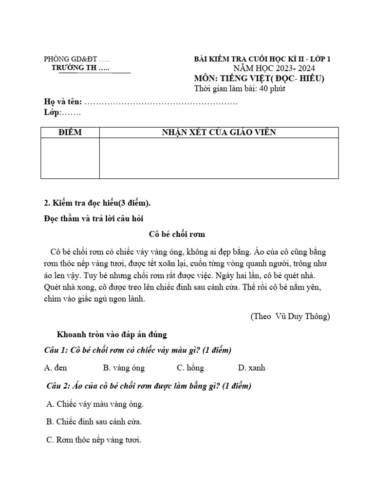 De Thi Hoc Ki 2 Lop 1 Mon Tieng Viet Sach Ket Noi Tri Thuc de 2 | PDF