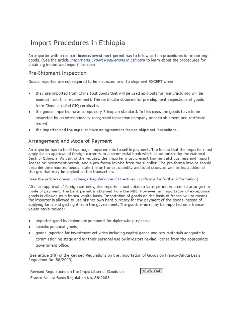 Import and Export Procedures in Ethiopia | PDF | Letter Of Credit | Customs