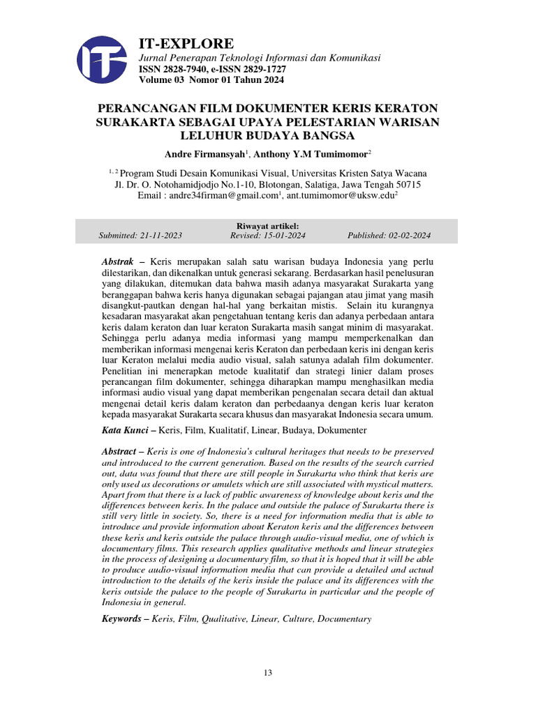 2) Jurnal - Perancangan Film Dokumenter Keris Keraton Surakarta Sebagai Upaya Pelestarian ...
