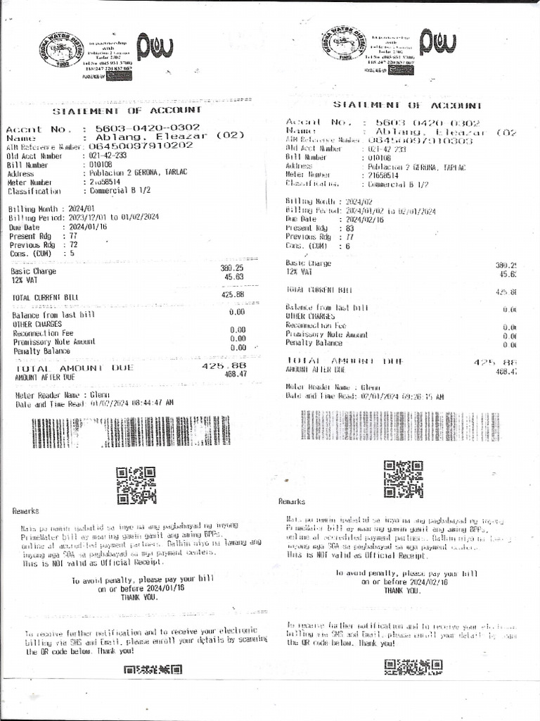 Water and Electric Bills | PDF