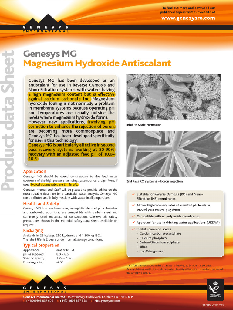 Genesys MG Antiscalant for RO Systems | PDF | Magnesium | Membrane