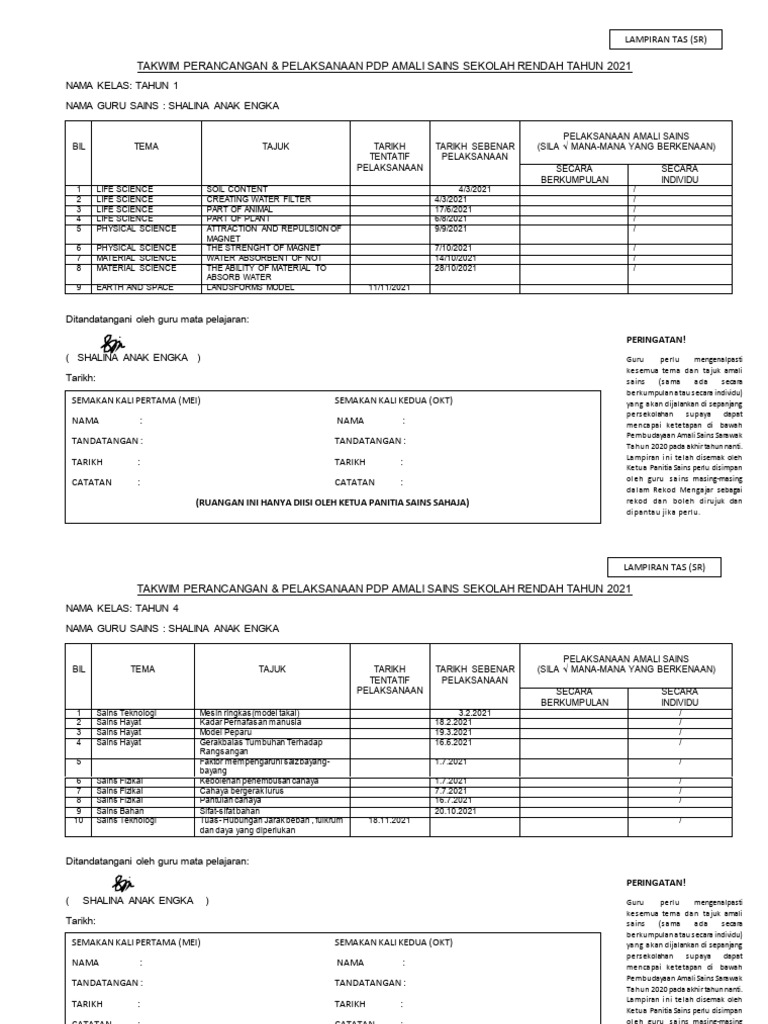 Takwim Perancangan Amali Sains 2021 (Pass) | PDF