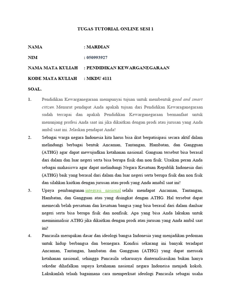 Tugas Tutorial Online 1 - Pendidikan Kewarganegaraan - Mardian | PDF | Ilmu Sosial