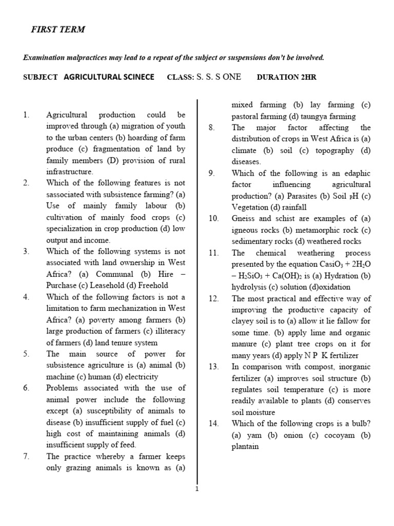 Ss 1 First Term Agric Examination-1 | PDF | Soil | Agriculture