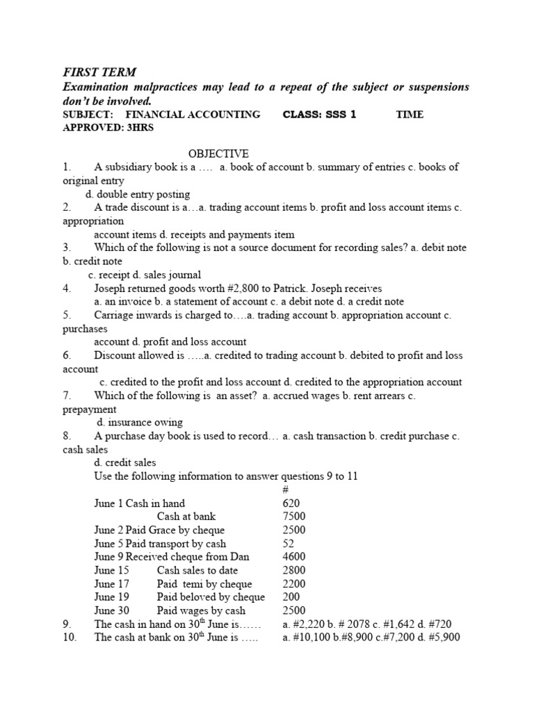 Ss 1 First Term Account Examination-1 | PDF | Debits And Credits | Cheque