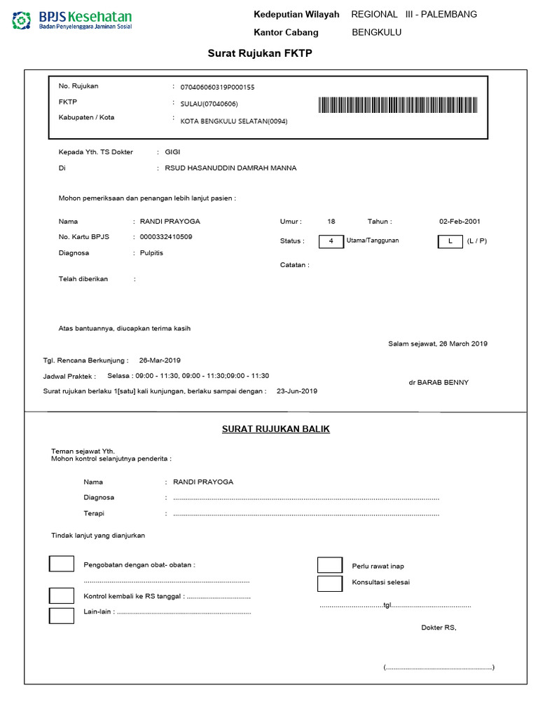Surat Rujukan FKTP Bengkulu | PDF