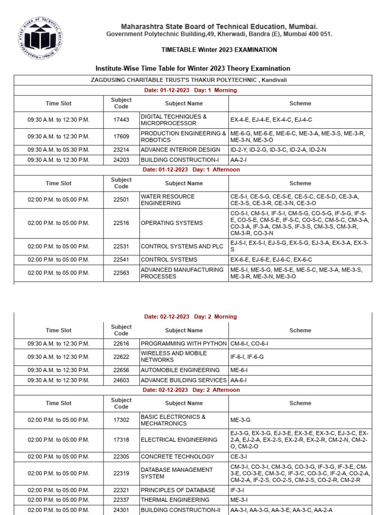 MSBTE Winter Exam Timetable | PDF | Engineering | Mechatronics