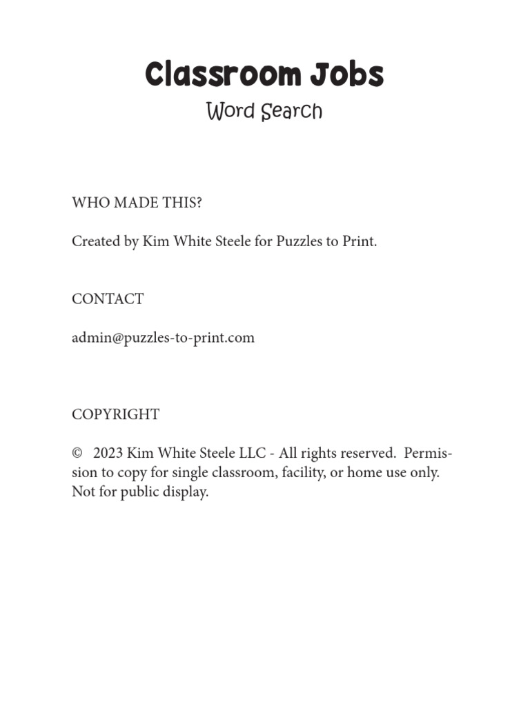 Classroom Jobs Word Search | PDF | Word Search | Word Puzzles