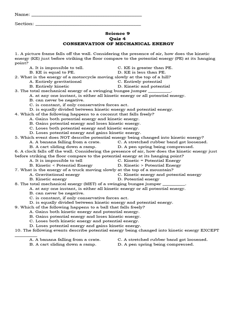 Conservation of Mechanical Energy Quiz | PDF | Potential Energy ...