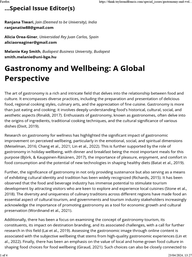 CFP - Special Issue Gastronomy and Wellbeing A Global Perspective | PDF ...