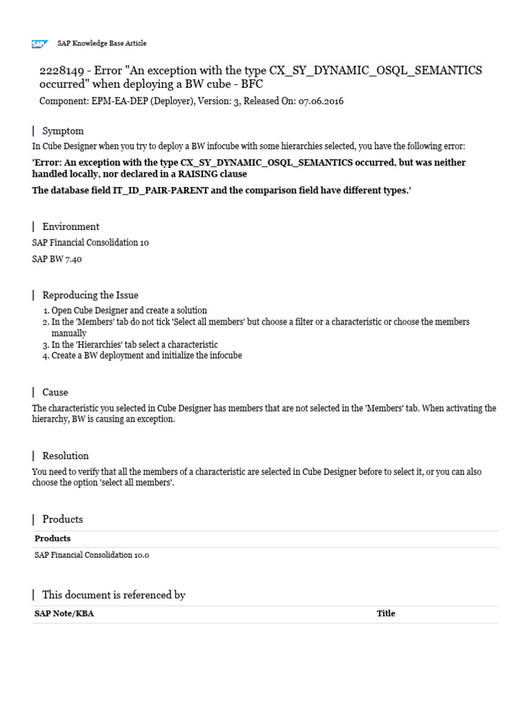 BW Cube Deployment Error CX_SY_DYNAMIC | PDF