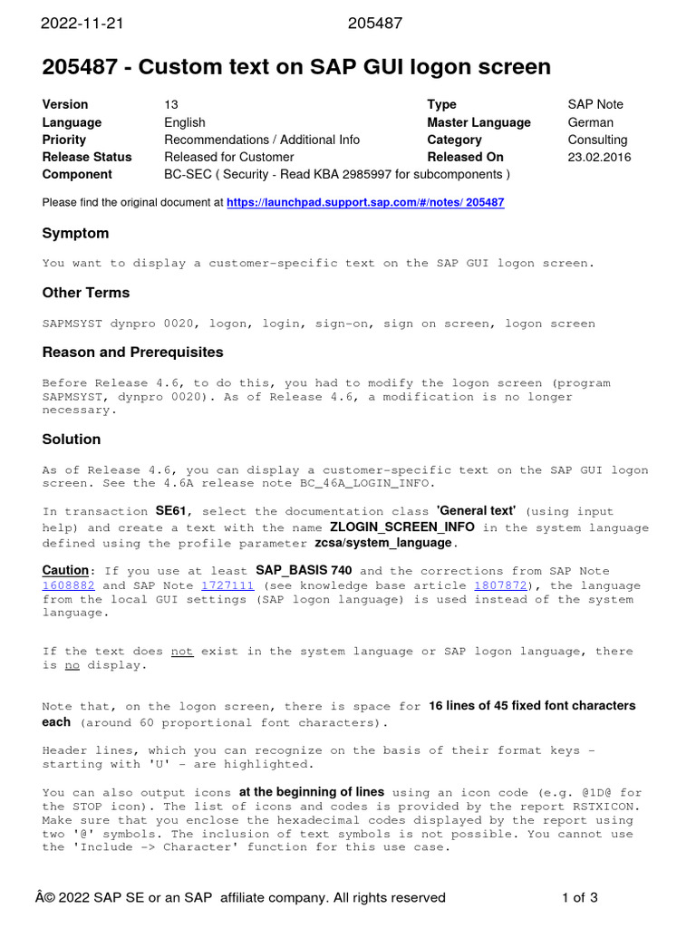 205487 - Custom text on SAP GUI logon screen | PDF | Icon (Computing) | Login