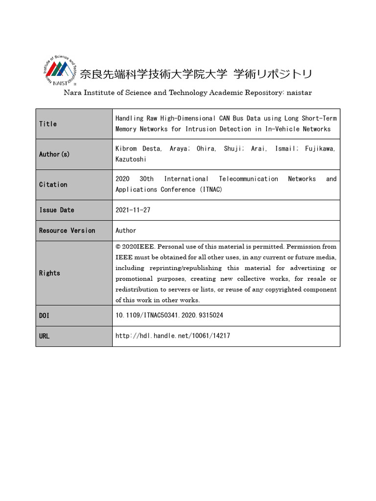 MLIDS: Handling Raw High-Dimensional CAN Bus Data Using Long Short-Term Memory Networks for ...