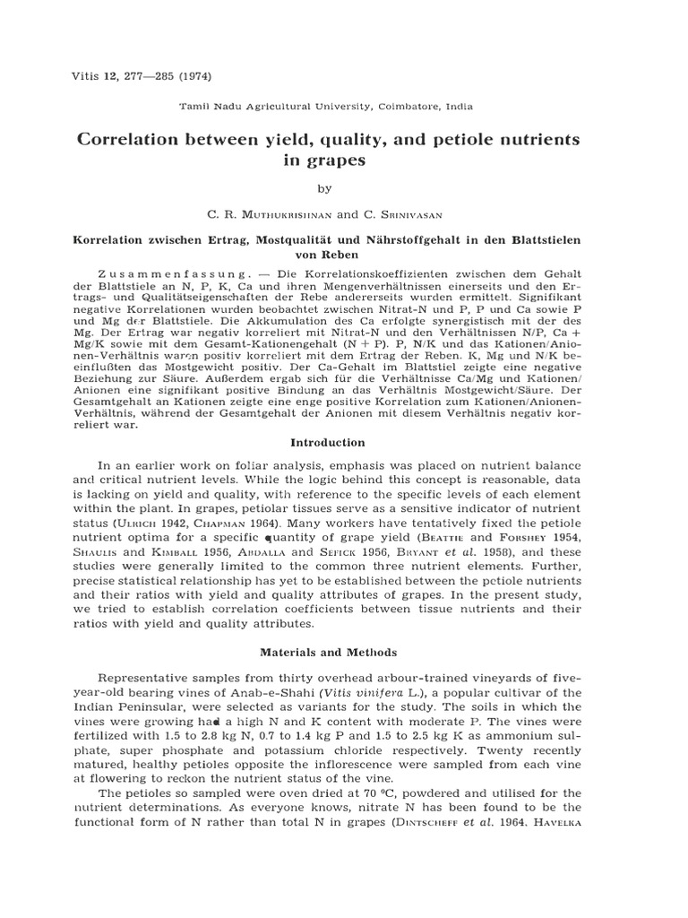 Correlation between yield, quality, and petiole nutrients in grapes | PDF | Plant Nutrition | Vitis