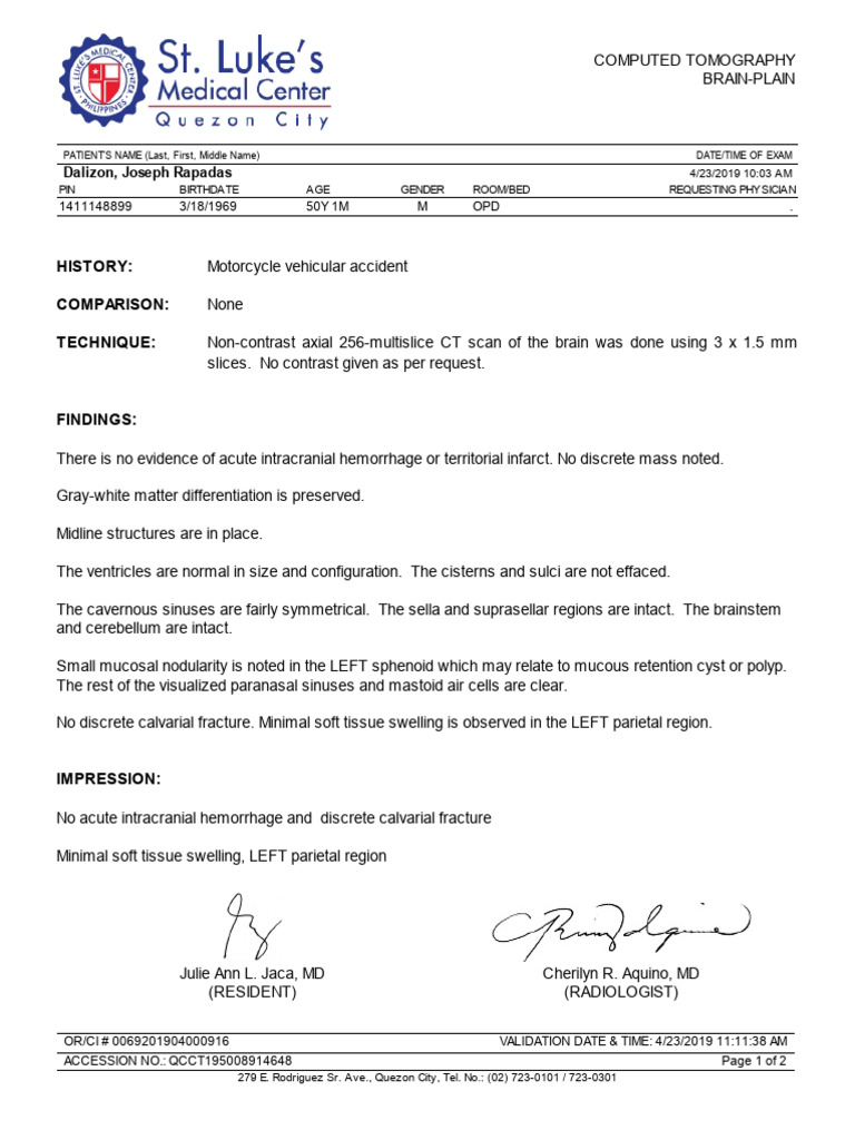 CT Scan Result Sample Template | PDF | Radiology | Ct Scan