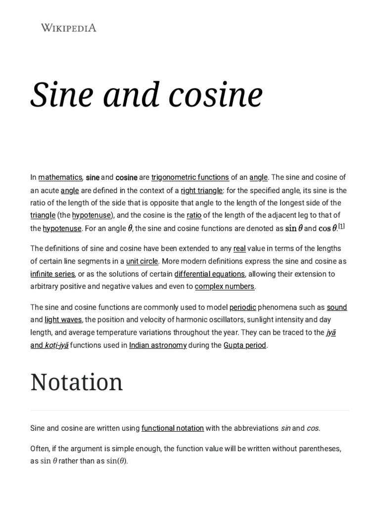 Sine and Cosine - Wikipedia | PDF | Trigonometric Functions | Triangle