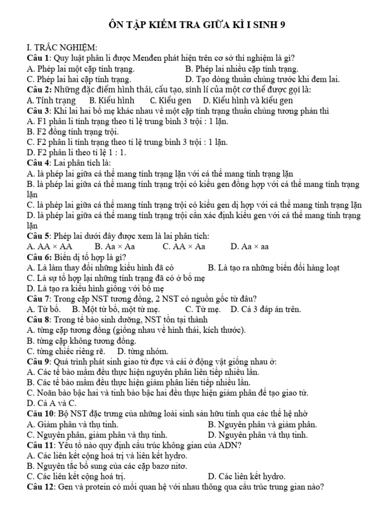 On Tap KTGK I Sinh 9 | PDF