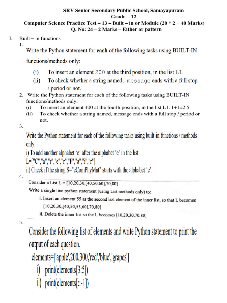 Grade 12 Python Functions Practice Test | PDF