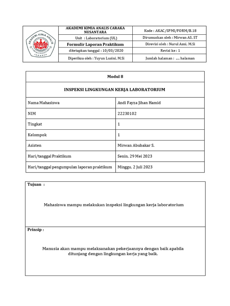 (Modul 8) INSPEKSI LINGKUNGAN KERJA LABORATORIUM | PDF