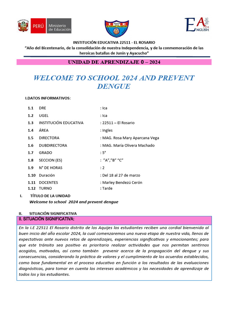 Unidad 0 Ingles 2024 5to Grado | Descargar gratis PDF | Evaluación | Aprendizaje