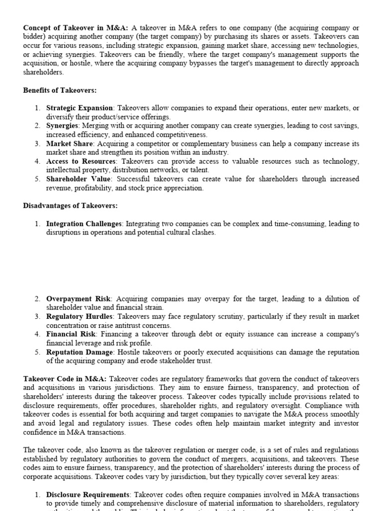 Takeover M A Pdf Takeover Mergers And Acquisitions