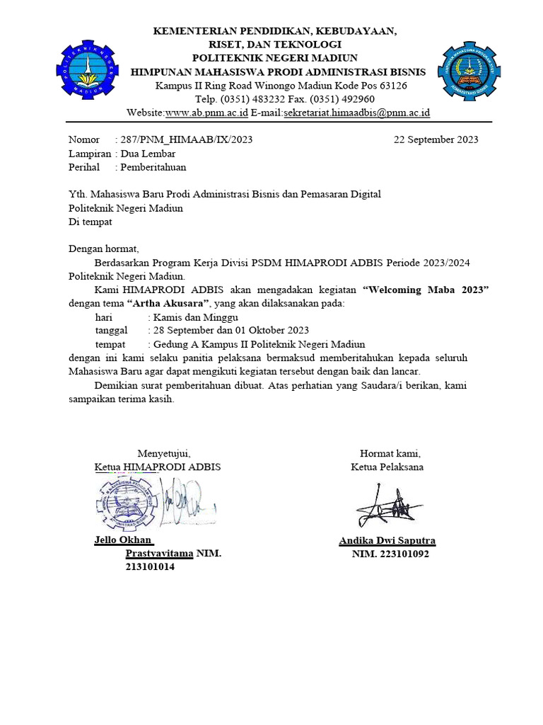 Pemberitahuan Welcoming Maba 2023 | PDF