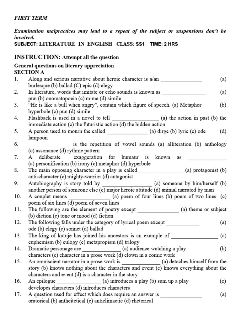 SS1 First Term Literature Exam Guide | PDF | Poetry