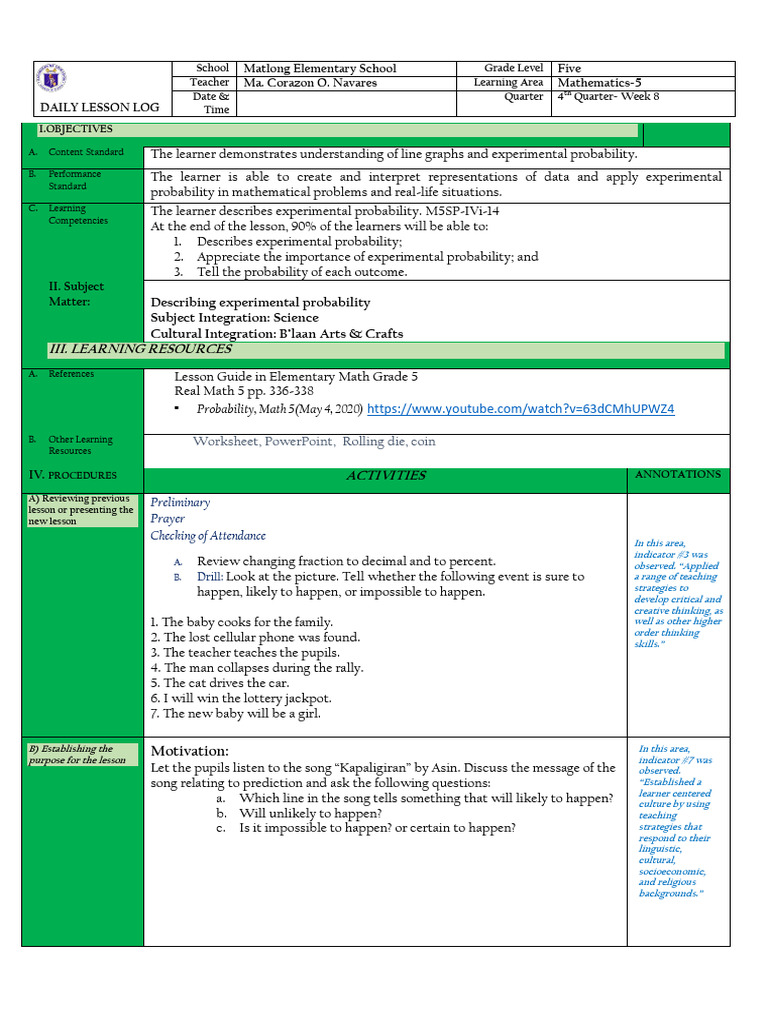 Grade 5 Annotated Math Lesson Plan | PDF | Learning | Cognitive Science