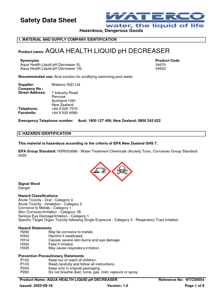 Aqua Health Liquid PH Decreaser-Nzl Sds | PDF | Personal Protective ...