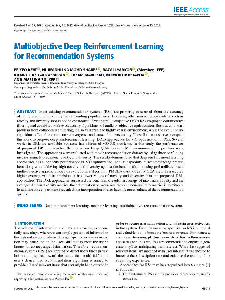 Multiobjective Deep Reinforcement Learning For Recommendation Systems Pdf Mathematical