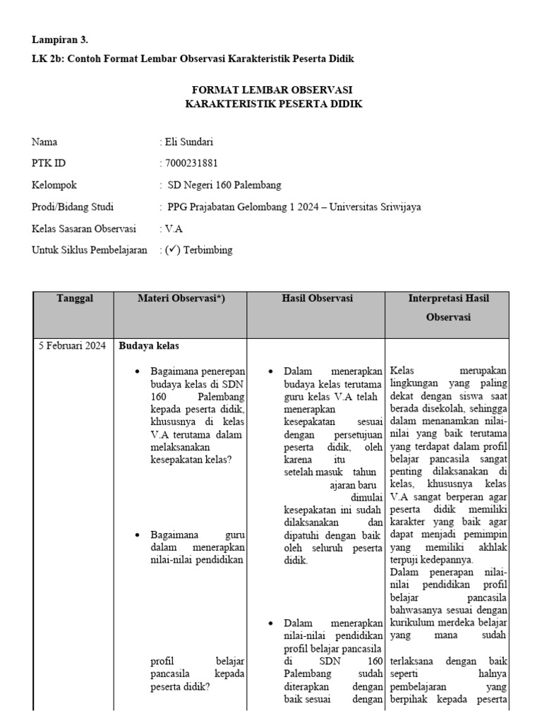 Lampiran 3. LK 2b Lembar Observasi Karakteristik Peserta Didik SDN 160 ...