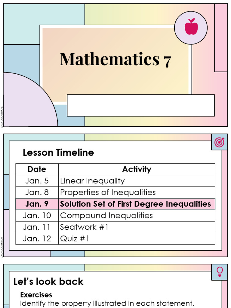 Math 7 (SY23-24) - Q3 - Lesson 1 - Solution Set of First Degree Inequalities - Day 2 | PDF ...