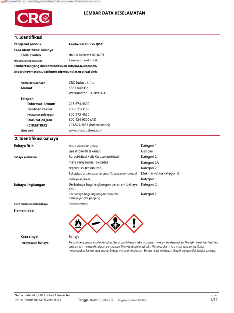 MSDS CRC Contact Cleaner | PDF