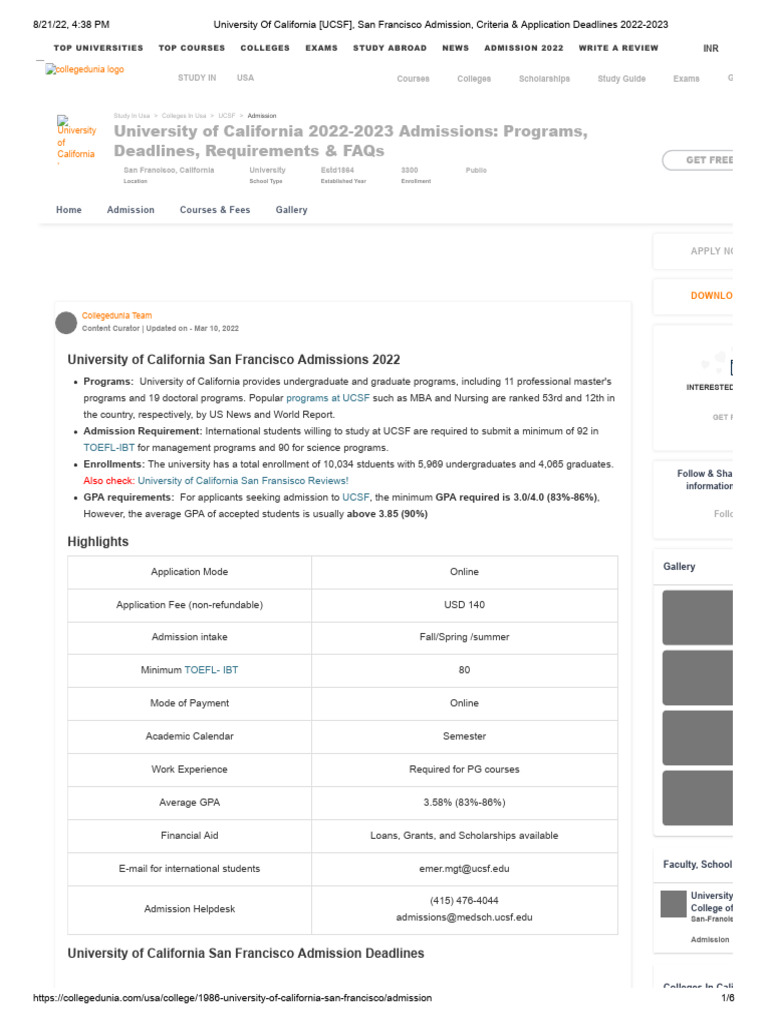 UCSF Admission Guide 2022-2023 | PDF | University And College Admission | Master Of Science