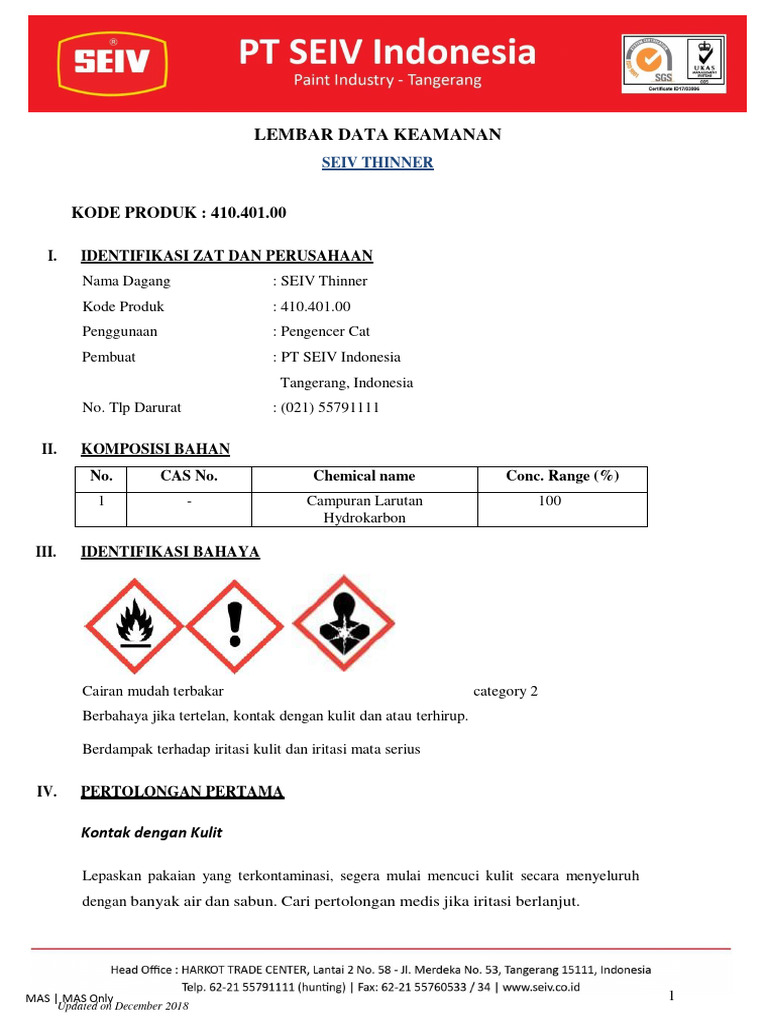 MSDS SEIV Thinner: Bahaya dan Penanganan | PDF