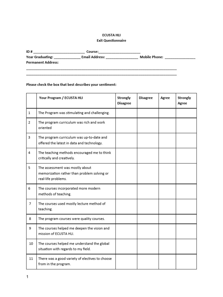 ECUSTA HLI Exit Questionnaire Feedback | PDF | Experience | Expert