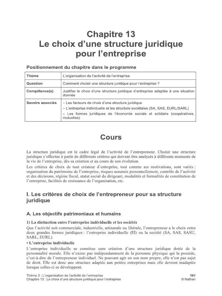 Chap 13 - Choix Juridique Pour L'entreprise - Cours | PDF Chap 13 - Choix Juridique Pour L'entreprise - Cours | PDF