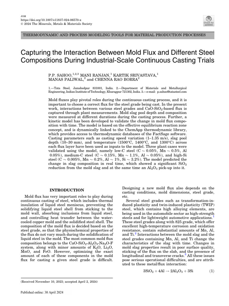 Capturing The Interaction Between Mold Flux and Different Steel Compositions During Industrial ...