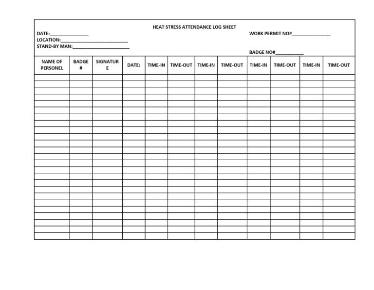 Heat Stress Daily Attendance Log Sheet | PDF