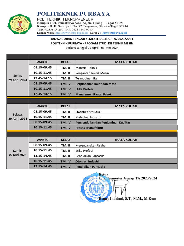 TM - Jadwal UTS Genap 2024 Rev 18 April | PDF