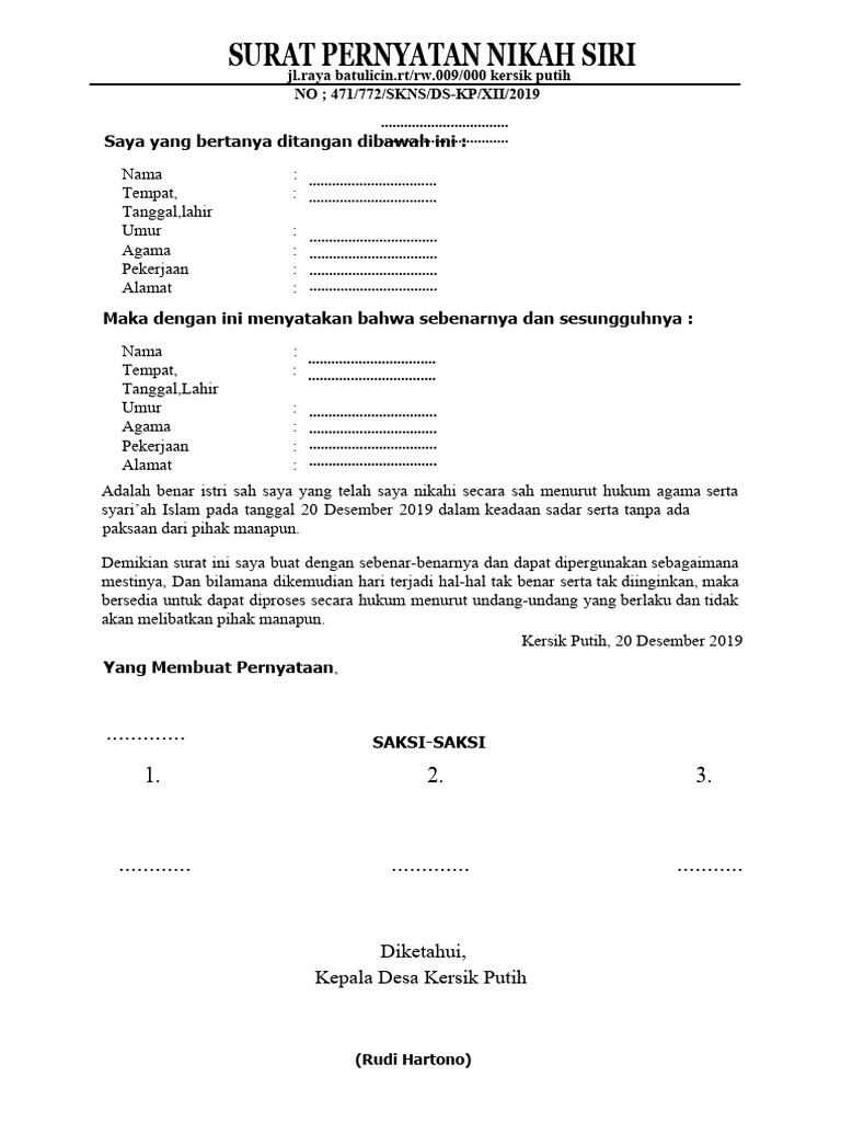 Contoh Surat Pernyataan Nikah Siri | PDF