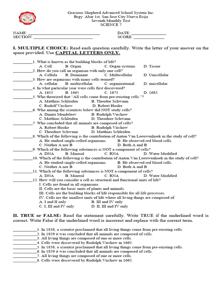 Science 7-7TH Monthly Test-2024 | PDF | Cell (Biology) | Life