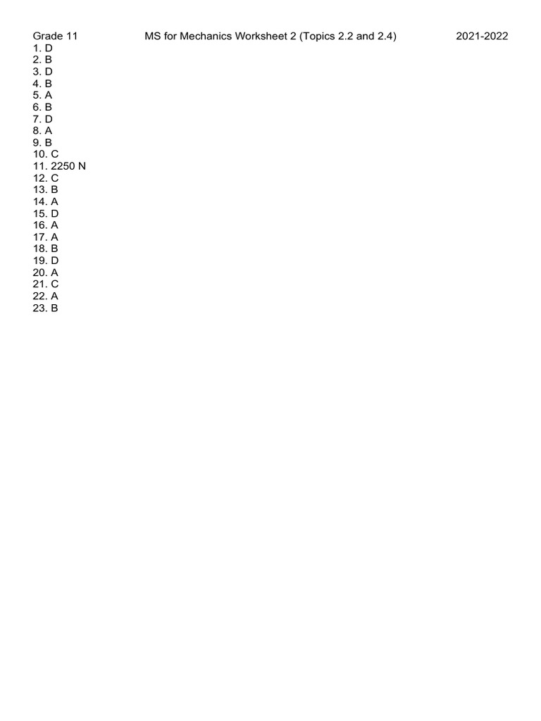 Grade 11 MS For Topic 2 Mechanics Worksheet 4 Topics 2.2 and 2.4 2021 ...
