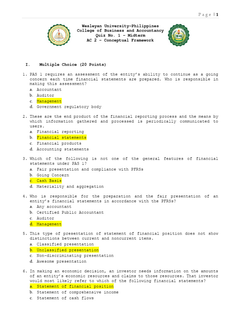 Quiz No. 1 - Midterm Answer Key | PDF | Financial Statement | Stocks