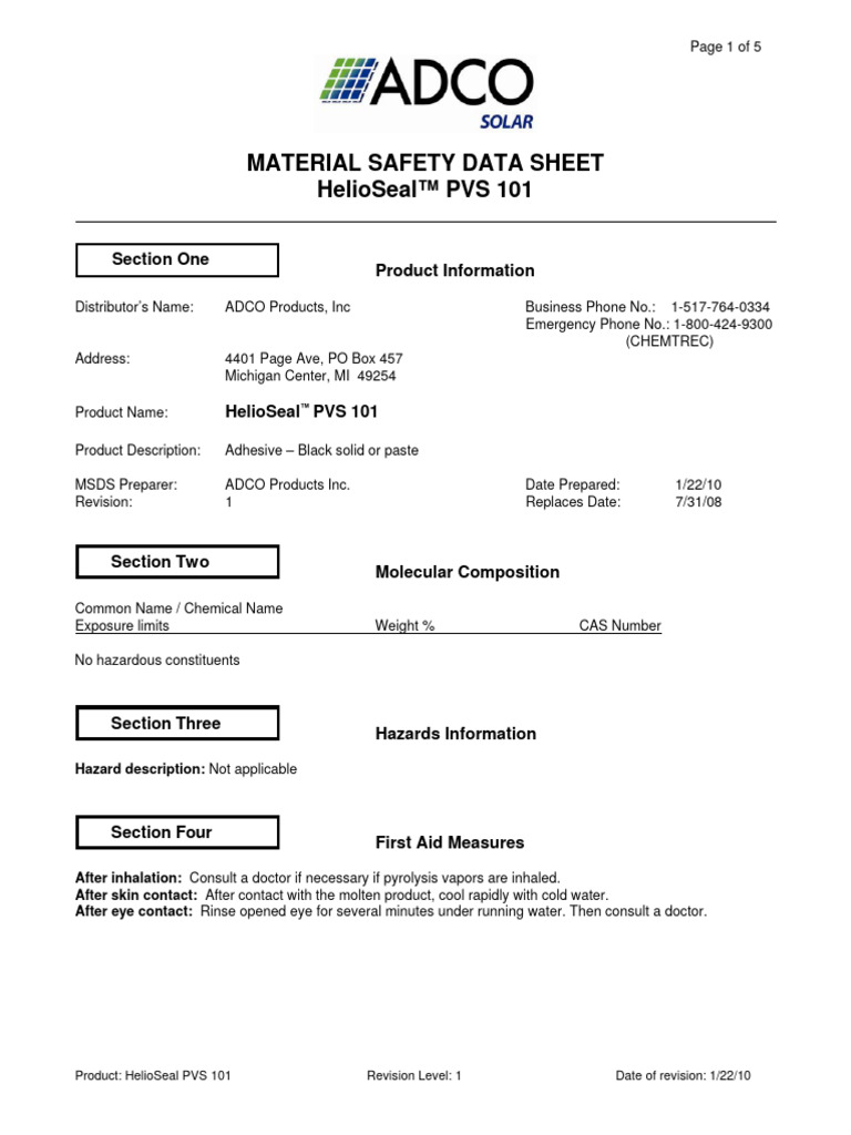 MATERIAL SAFETY DATA SHEET HelioSeal PVS 101 | PDF | Toxicity | Hazards