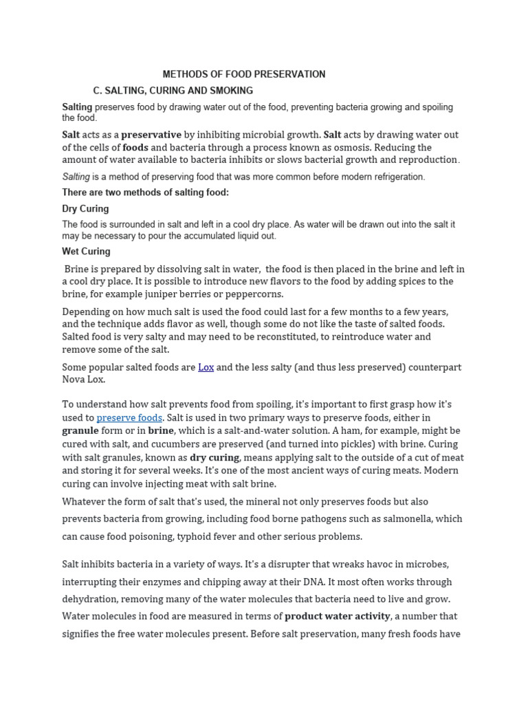 Methods of Food Preservation Salting | PDF | Smoking (Cooking) | Curing ...