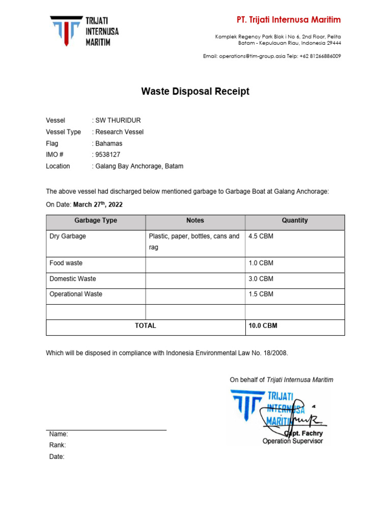 Waste Disposal Receipt: SW THURIDUR | PDF