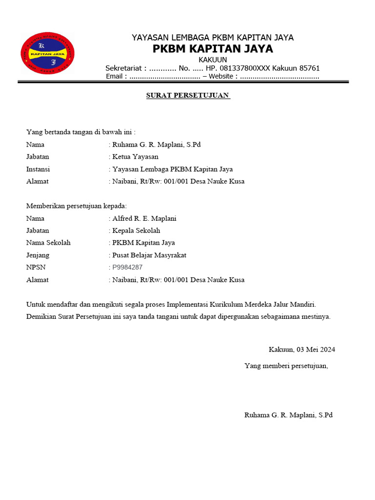 Form Surat Persetujuan Yayasan IKM | PDF