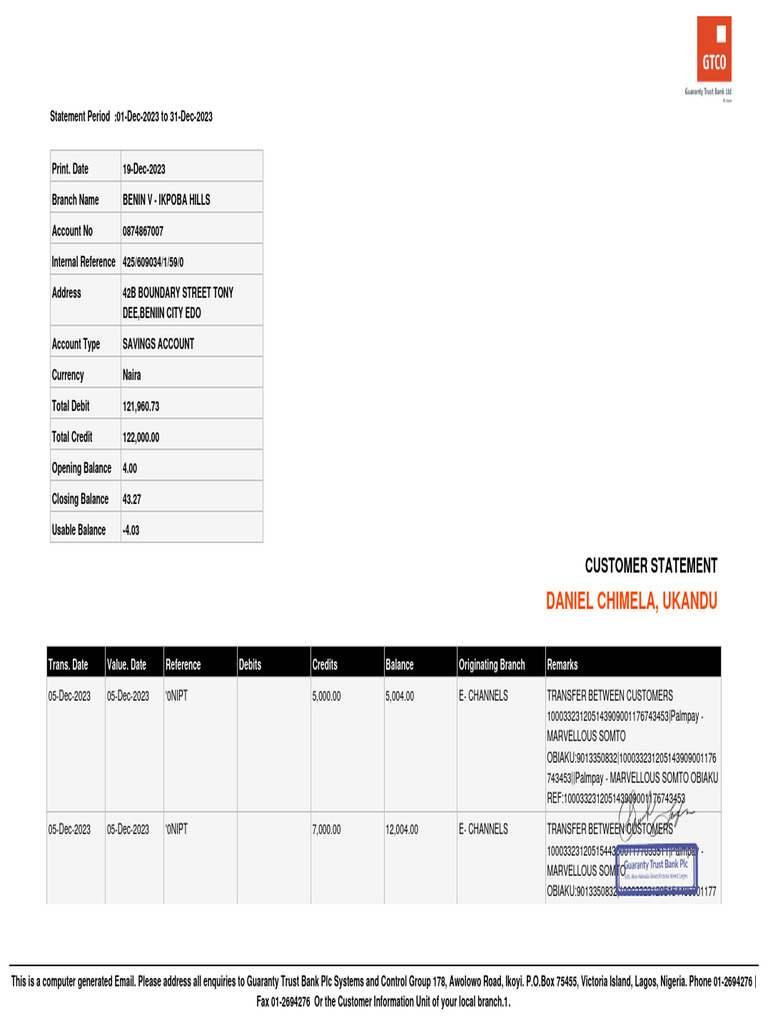 Daniel Chimela, Ukandu: Customer Statement | PDF | Point Of Sale ...