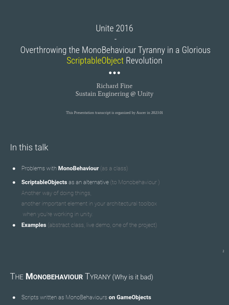 Unite 2016 - MonoBehaviour Vs Scriptable Object by Richard Fine | PDF ... Unite 2016 - MonoBehaviour Vs Scriptable Object by Richard Fine | PDF ...